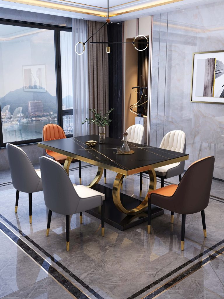 FOH-MSTT001 - Black Gold Modern Dining Set with Gold SS Base ...