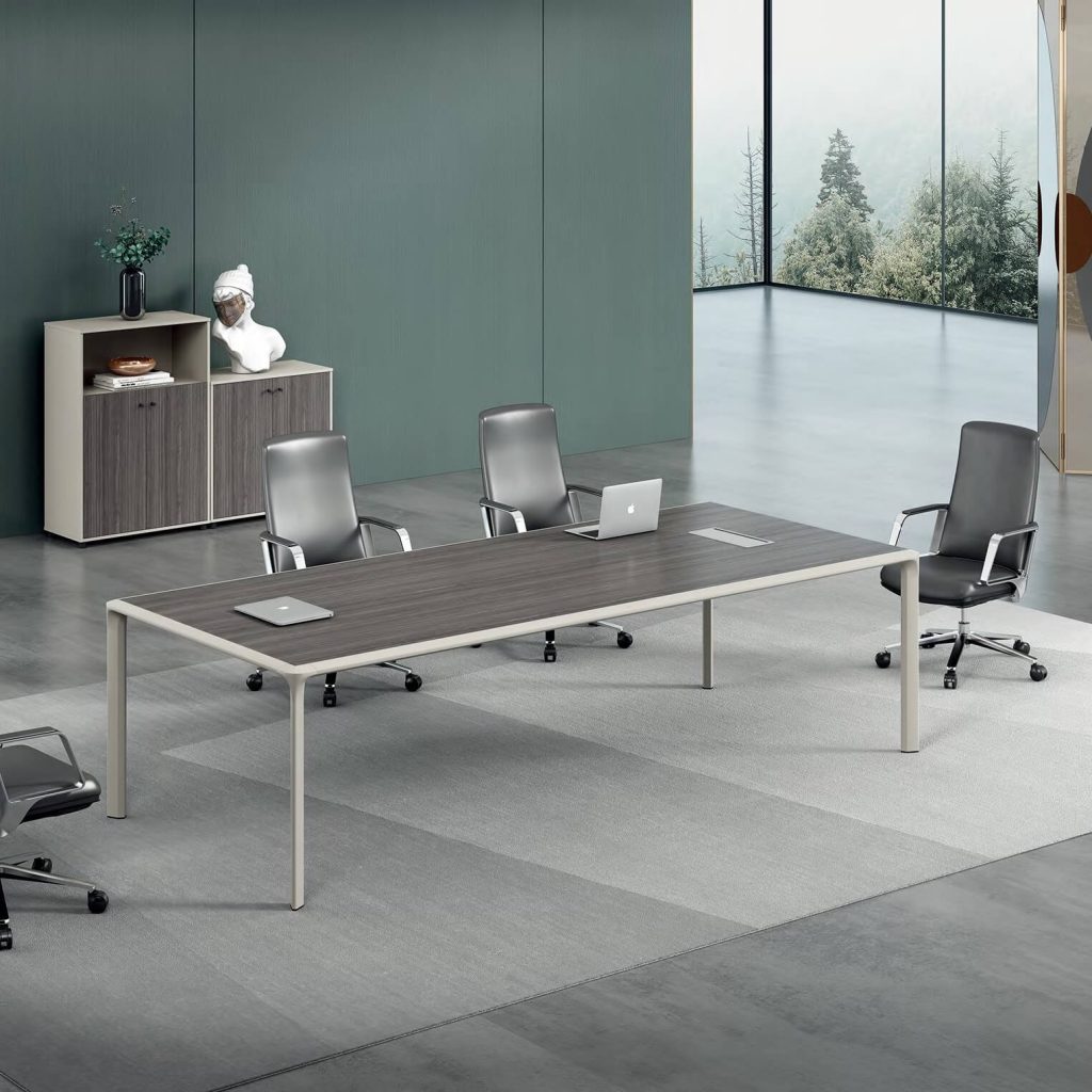 Purple Wood & Khaki Veneered Straight Metallic Legged Conference Table ...
