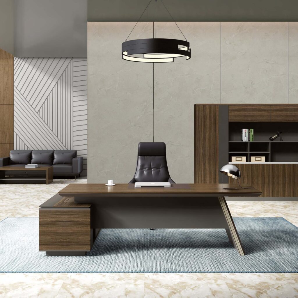 L‑Shaped Ebony Wood Executive Boss Table – Multi‑Layered Panel | FOH-WW ...
